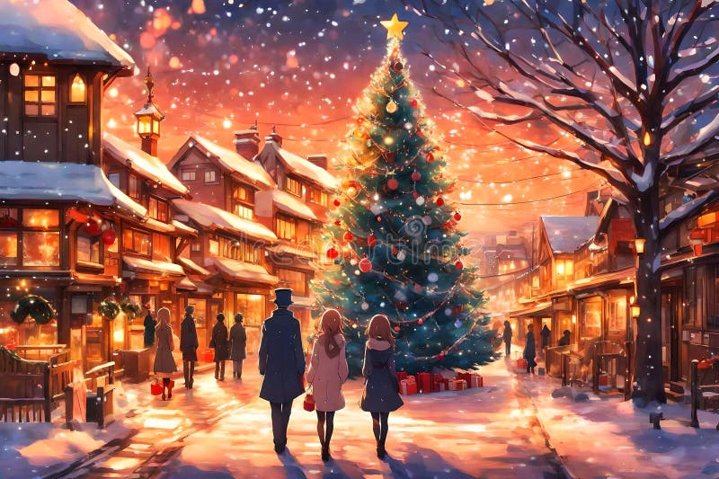 Town Festive Christmas Tree People Admiring Illustration Stock ...