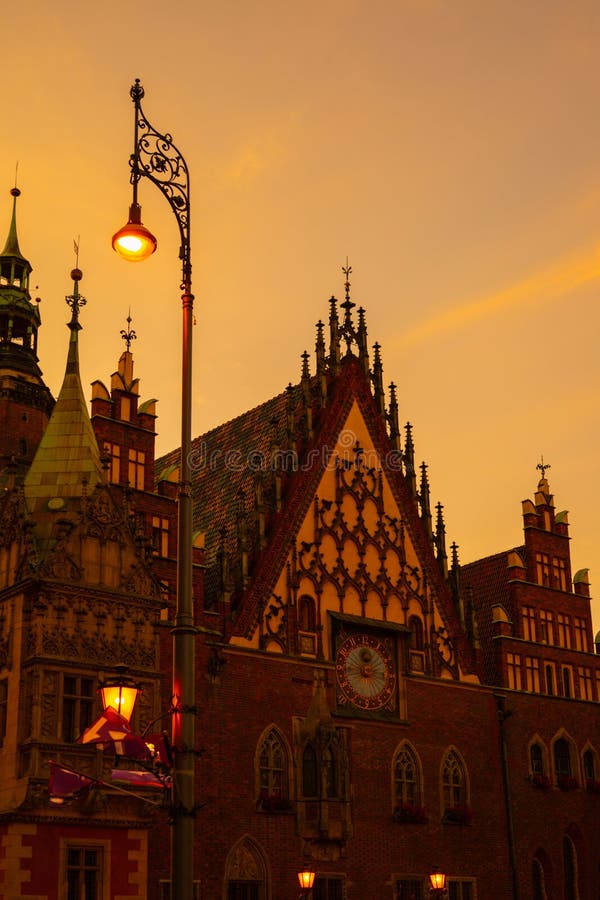 Town Hall in Wroclaw on Background Sunset Sky Stock Image - Image of ...