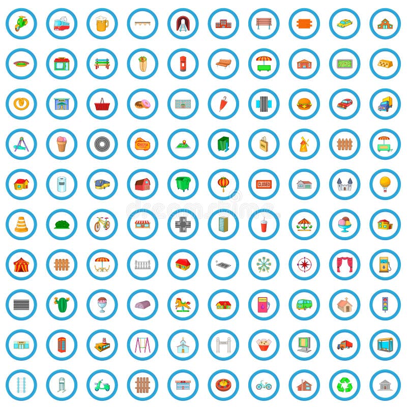 100 Town Icons Set, Cartoon Style Stock Vector - Illustration of garage ...