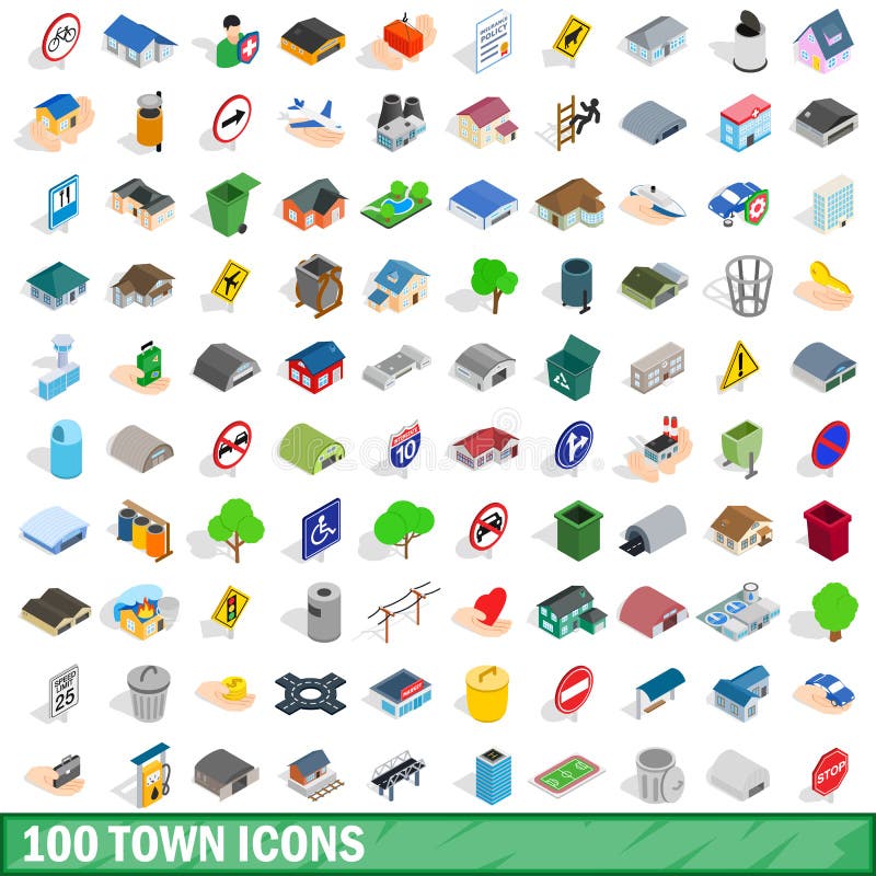 100 Town Icons Set, Isometric 3d Style Stock Vector - Illustration of ...