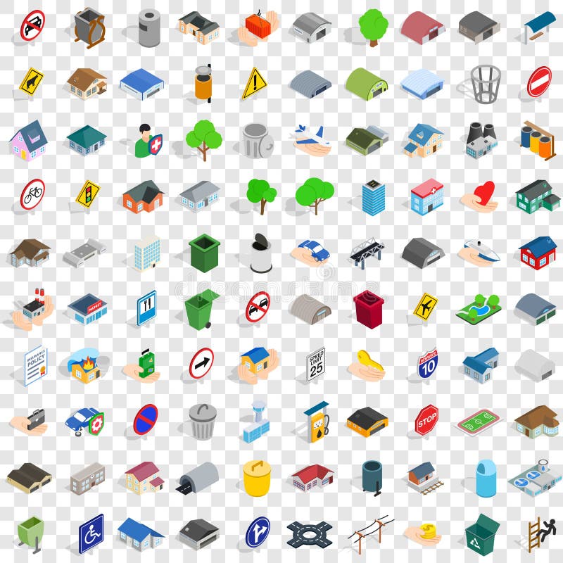 100 Town Icons Set, Isometric 3d Style Stock Vector - Illustration of ...