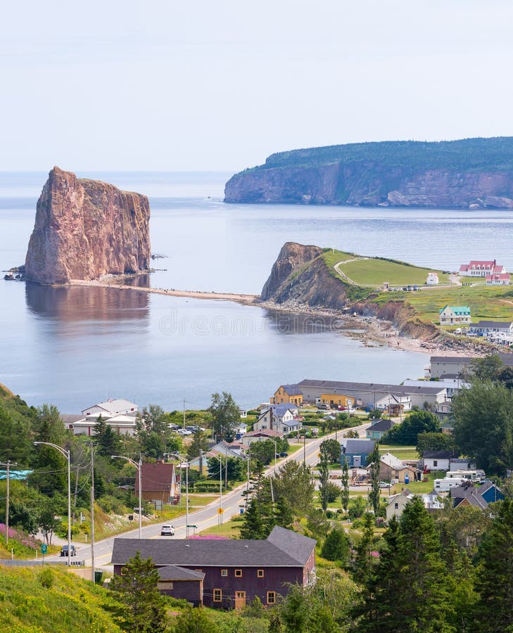 Town of Perce in Gaspe in Quebec Stock Photo - Image of buildings ...