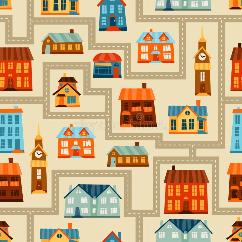 Town Seamless Pattern with Cute Colorful Houses Stock Vector ...