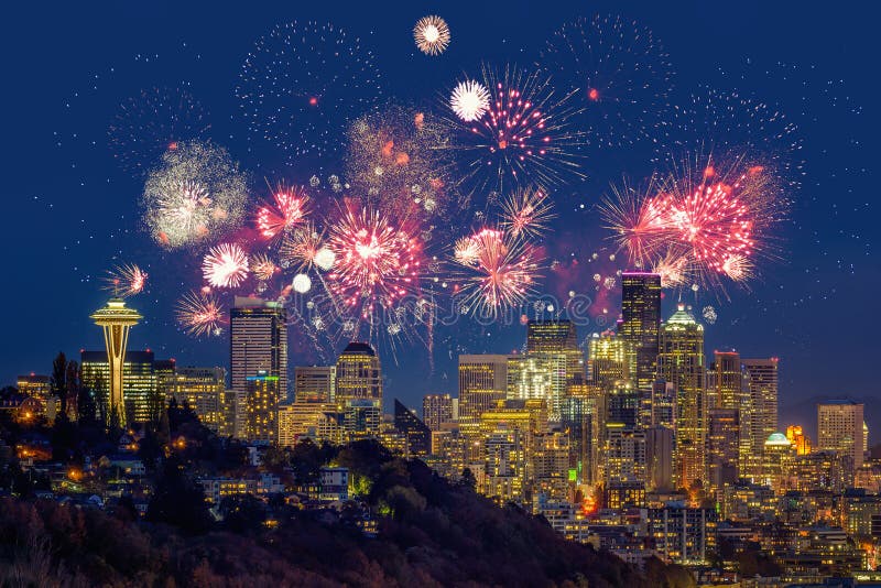 Seattle (Washington, USA) with Fireworks Stock Image - Image of ...