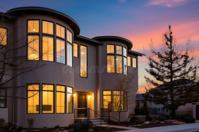 Townhouse with Tall, Rounded Windows during Sunset Stock Photo - Image ...