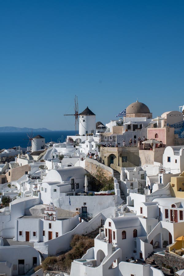 Townscape at Oia with Windmills in Background Stock Photo - Image of ...