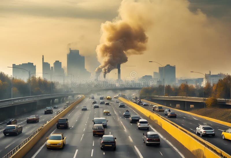 Toxic Trails: Cars and Pollution on the Highway Stock Illustration ...