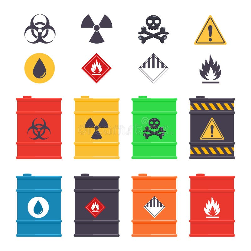 Toxic Waste Chemical Barrels and Symbol Icon Graphic Set Stock Vector ...