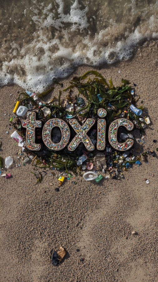 Toxic Waste Spelling on Sandy Beach with Ocean Debris, Environmental ...