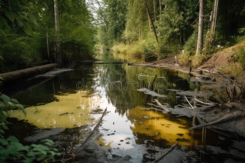 Toxic Waste Spill in a Natural Setting, with Dead Fish and Vegetation ...