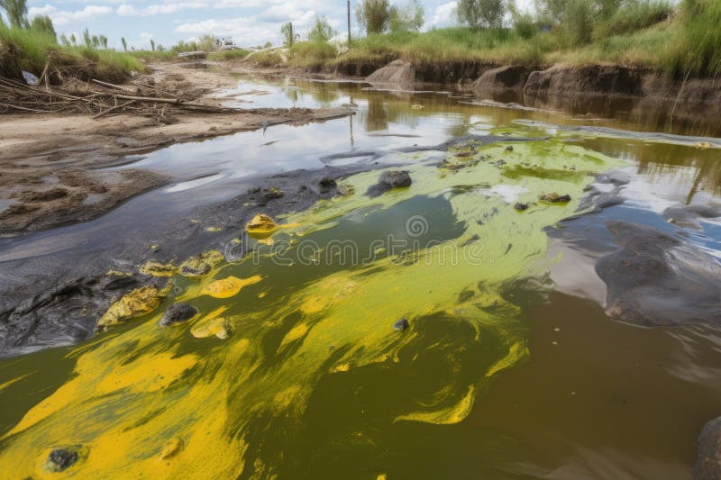 Toxic Waste Spill in River, with Dead Fish and Algae Visible Stock ...