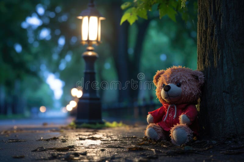 Toy Bear in Front of a Park Statue, Street Light Glow Stock Image ...