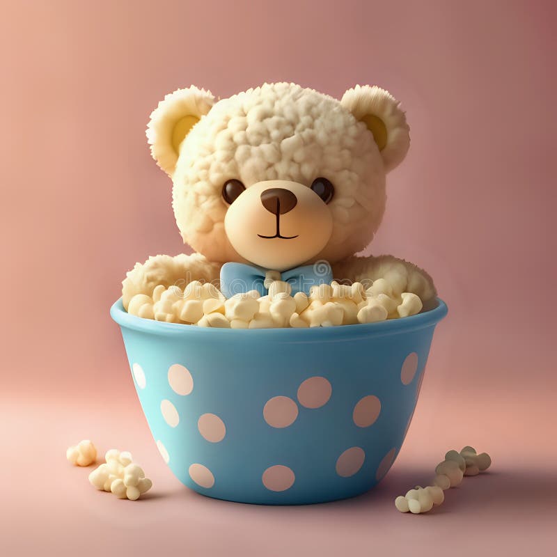 A Toy Bear Sits in a Bowl of Popcorn, Kawaii Style - Generated by Ai ...