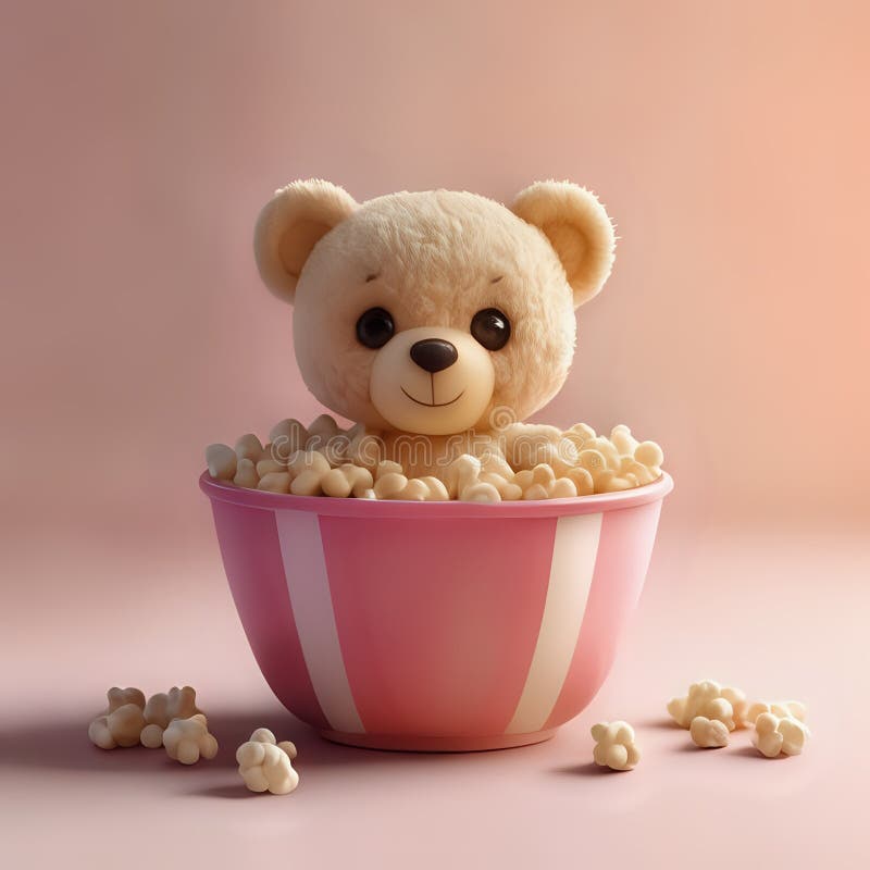 A Toy Bear Sits in a Bowl of Popcorn, Kawaii Style - Generated by Ai ...