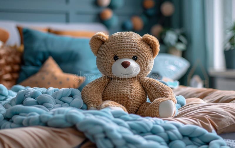 Toy Bear Sitting on Bed with Blue Pillows Stock Image - Image of person ...