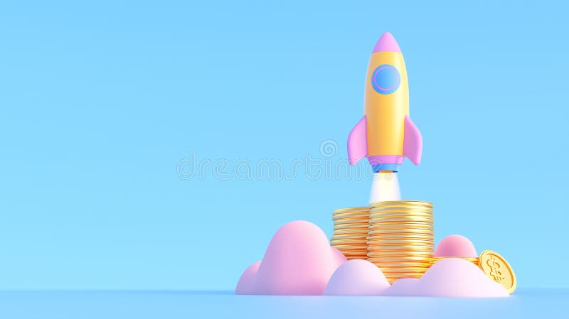 A Toy Blue Plastic Rocket Lifting Off from a Stack of Money Coins ...