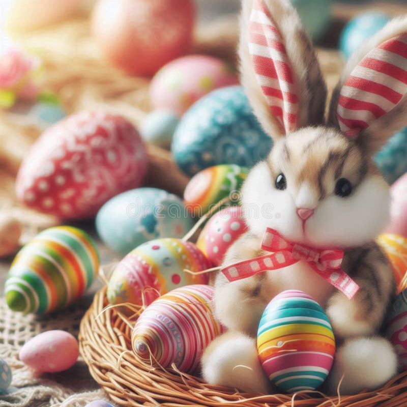 Toy Bunny Rabbit with Easter Eggs and Wicker Basket Stock Photo - Image ...