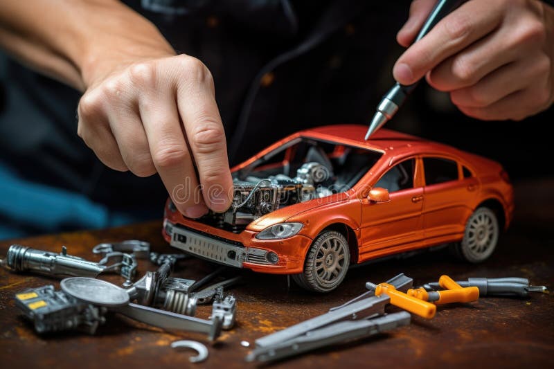 A Toy Car Being Fixed with Miniature Tools Stock Illustration ...