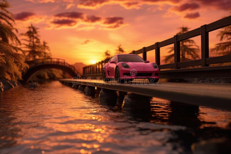 Toy Car on a Model Bridge during a Simulated Sunset Stock Image - Image ...