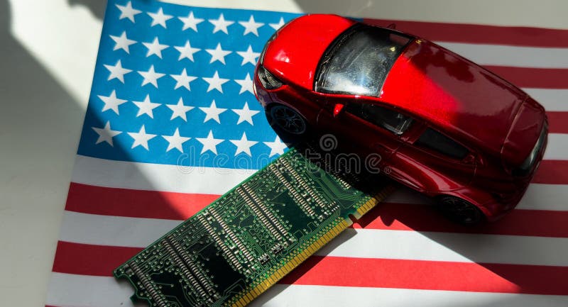 Toy Car Model and Microcircuit Chip US Flag Stock Image - Image of ...