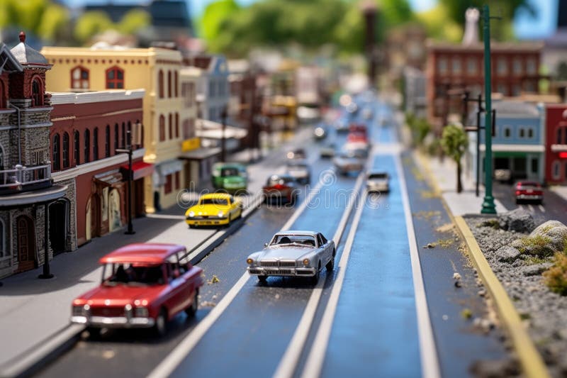 Toy Car on a Scale Model Highway with Other Miniature Vehicles Stock ...