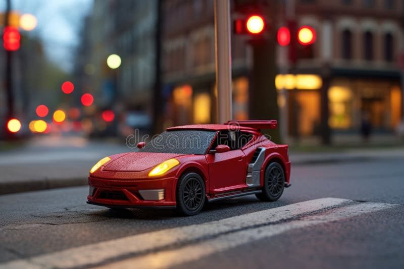 Toy Car at a Small-scale Red Traffic Light Stock Illustration ...
