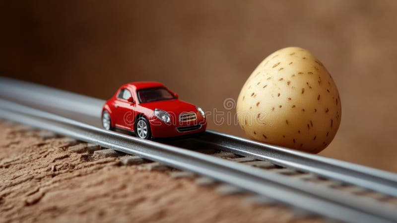 A Toy Car on a Track Next To an Apple and Potato, AI Stock Image ...