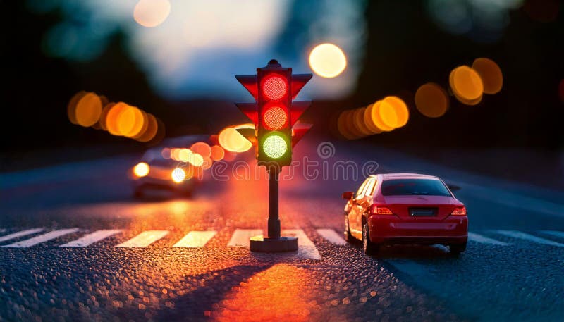 Toy Car Traffic Simulation with a Red Signal and Blurred Background ...