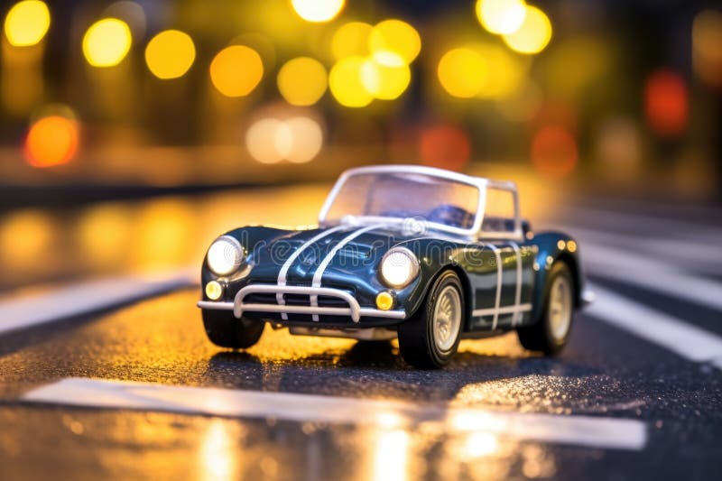 Toy Car on Zebra Crossing, with Real Car Lights Blurred in the ...