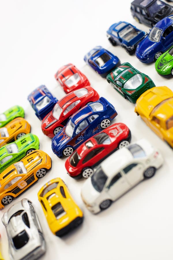 Toy Cars of Different Colors Arranged on a White Background Stock Photo ...