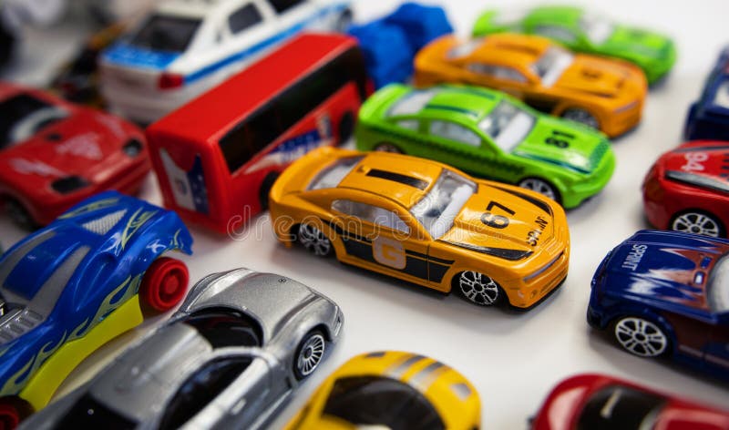 Toy Cars of Different Colors Arranged on a White Background Stock Image ...