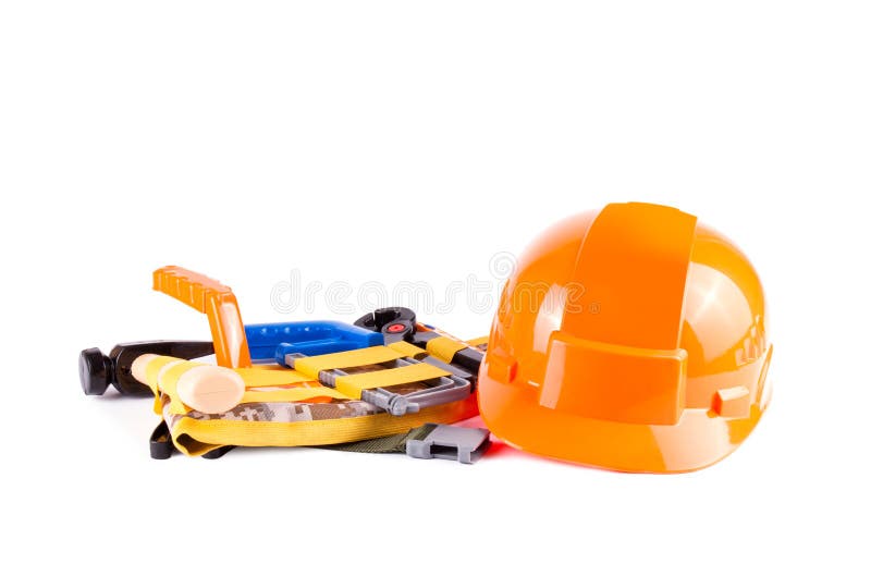 Toy Construction Helmet and Tools Over Stock Image - Image of activity ...