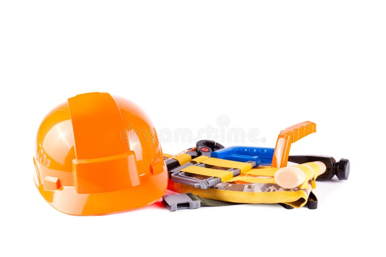 Toy Construction Helmet and Tools Over Stock Image - Image of activity ...