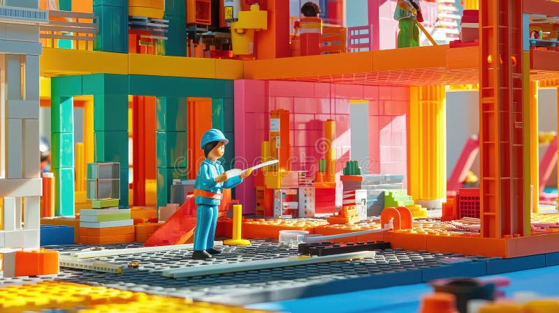 A Toy Construction Worker Stands in Front of a Colorful Toy Building ...
