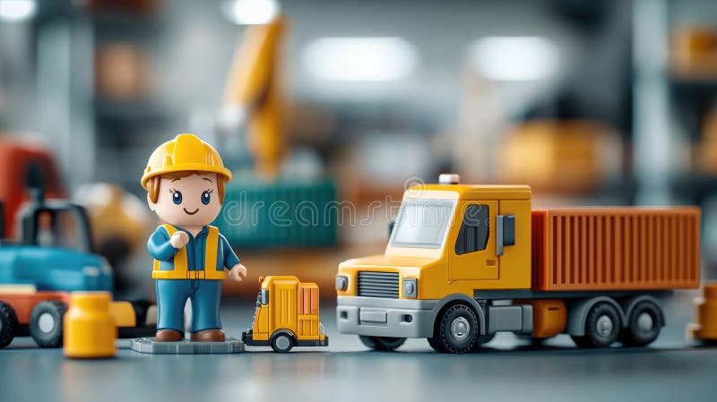 Toy Construction Worker with Trucks in Playroom Setting Stock Image ...