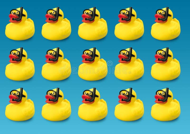 Toy Ducks Wearing Diving Goggles and Snorkel in Blue Background Stock ...