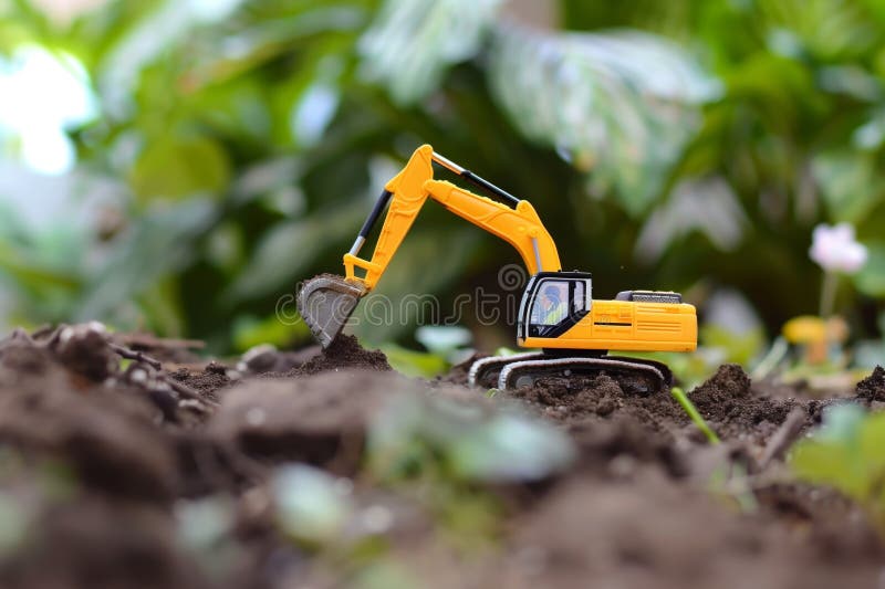 Toy Excavator in a Garden Digging through the Soil Stock Photo - Image ...