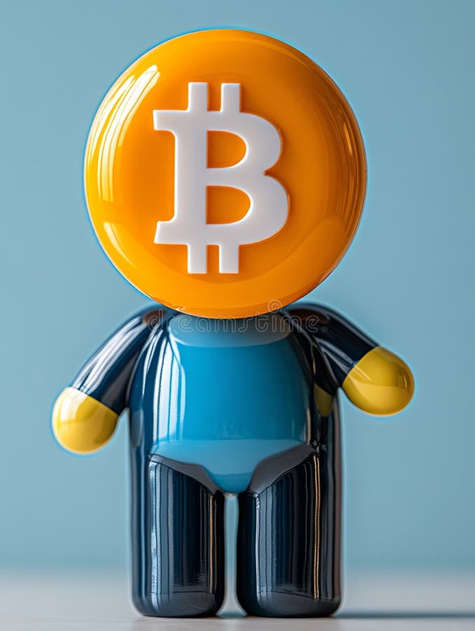 Toy Figure with a Bitcoin Emblem on Head, Blue Backdrop Stock ...