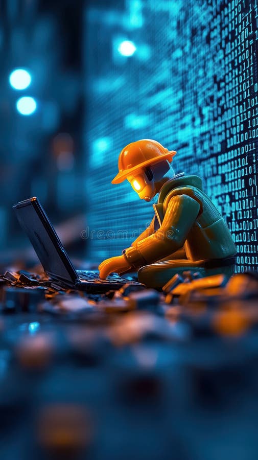 Toy Figure in Construction Outfit Works on Laptop Amidst Glowing Binary ...