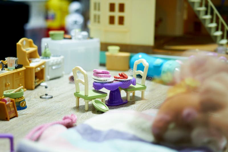 Toy Foods on Table in Doll House Stock Photo - Image of miniature ...