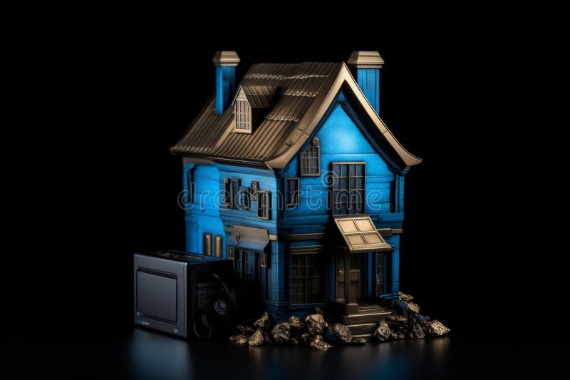 Toy House Against Black Background. Layout of a Blue House Stock ...