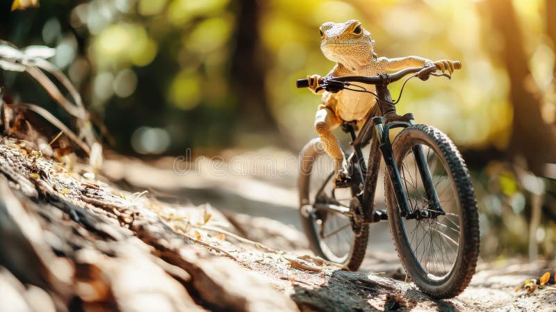 Toy Lizard Riding a Bicycle in a Forest Setting with Trees and Foliage ...