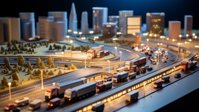 Toy Models of Vehicles on a Motorway in a Model Town at Night Stock ...