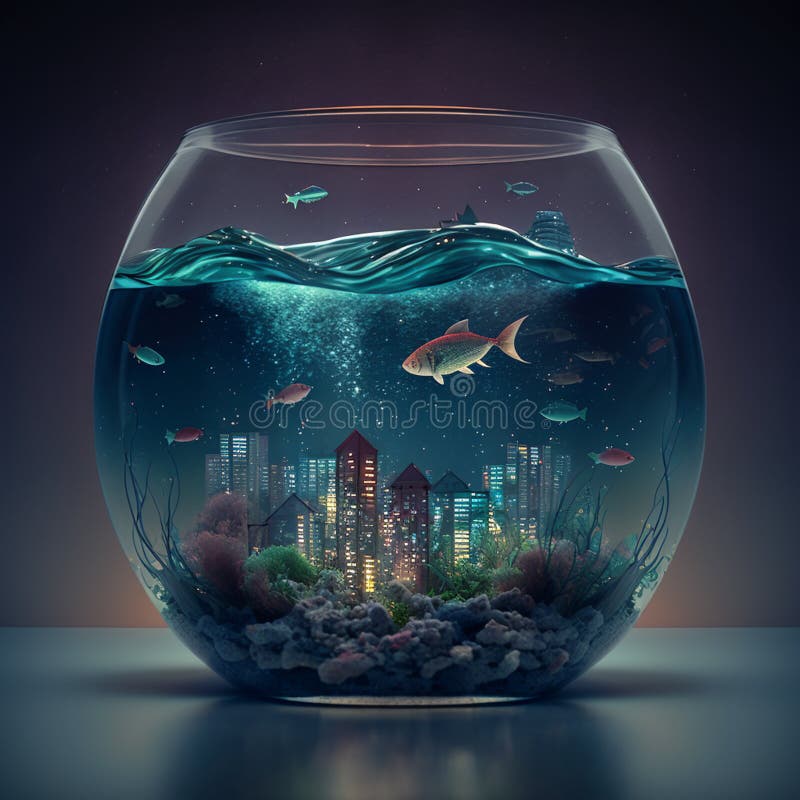 Toy Modern City in a Round Aquarium with Water and Fish Stock ...