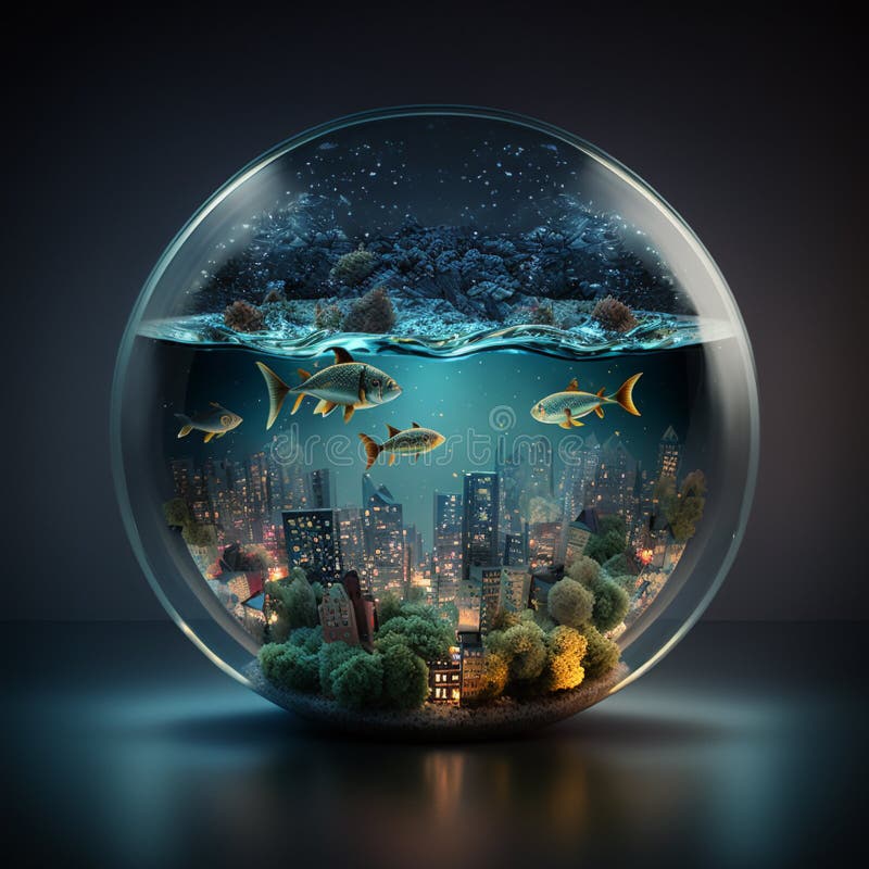 Toy Modern City in a Round Aquarium with Water and Fish Stock ...