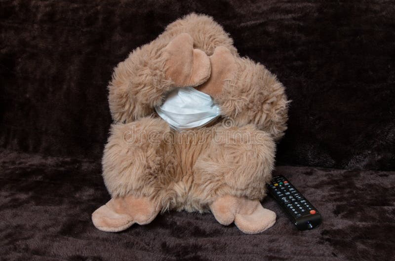 Toy Monkey in a Medical Mask with TV Remote Control Stock Photo - Image ...
