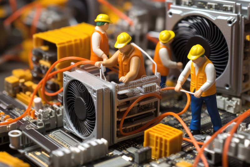 Toy People Set Up a Computer from the Inside. Stock Image - Image of ...