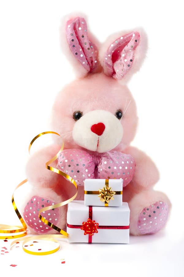 Pink Rabbit Doll with Big Ears Isolated on White Background. Cute ...