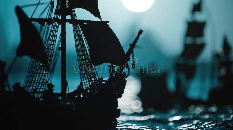 A Toy Pirate Ship Sailing on Calm Waters Under the Light of a Full Moon ...