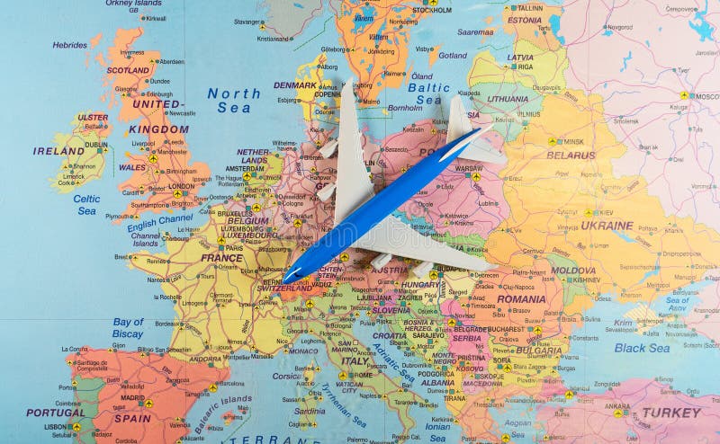 Plane on the Europe map stock image. Image of aircraft - 202301655